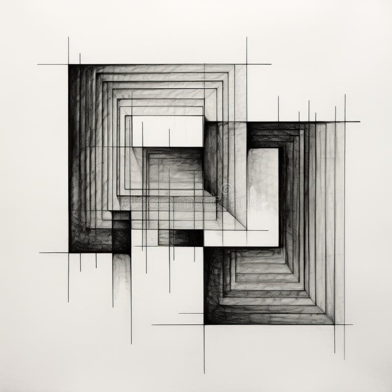 Abstract Square: a Darkly Detailed Ink Wash Drawing with Angular ...