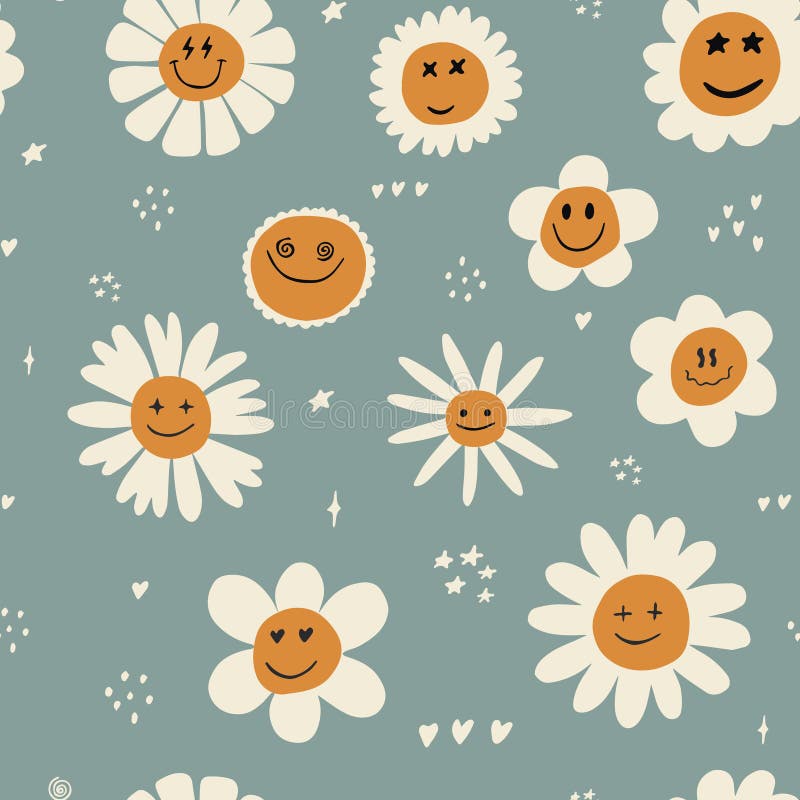 Abstract Square Seamless Patterns with Vintage Groovy Daisy Flowers ...