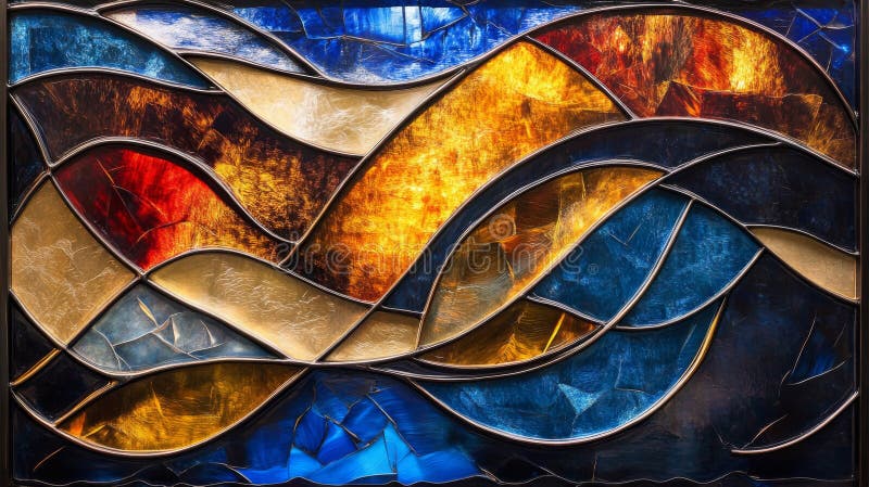 Abstract Stained Glass Artwork with Blue Gold and Red Waves Stock ...