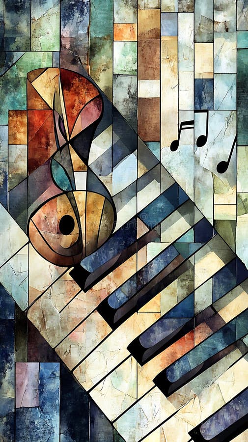 Abstract Stained Glass Artwork with Piano Keys and Musical Notes Stock ...