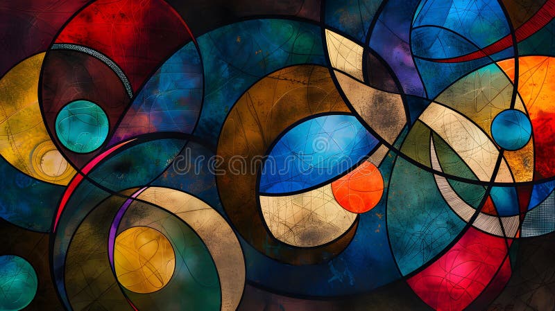 Abstract Stained Glass Window with Colorful Circles and Curved Lines ...