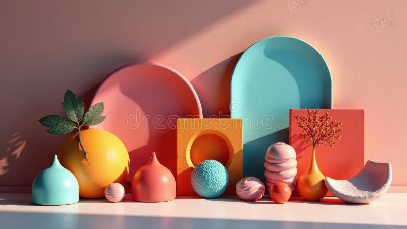 Abstract Still Life Featuring Pastel Shapes and Natural Elements in ...