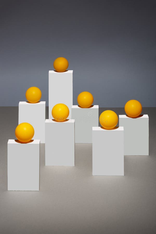 Abstract Still Life with White Shapes and Orange Balls on Gray ...