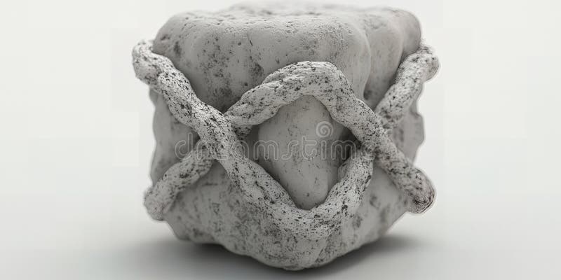 Abstract Stone Cube Sculpture Bound by Organic Vines Textured 3D Render ...
