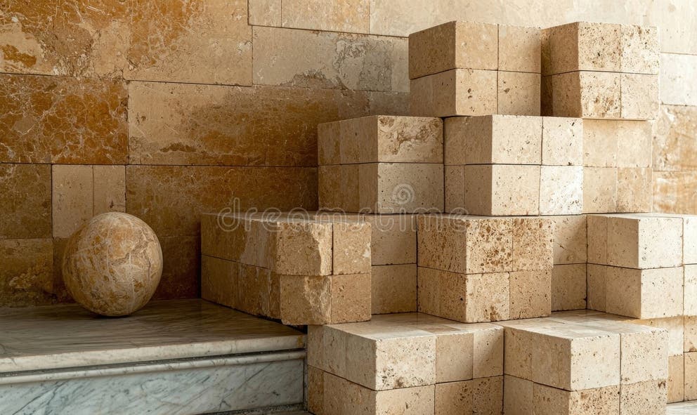 Abstract Stone Cube Staircase with Sphere, Architectural Design. Stock ...