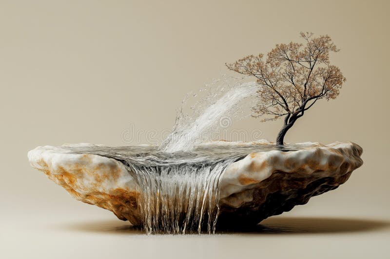Abstract Stone Earth Model with Water Flowing into a Sculptural Basin ...