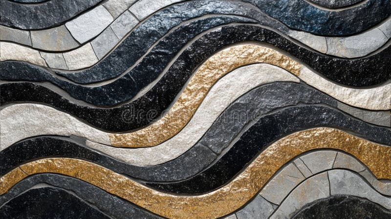 Abstract Stone Wall with Intertwined Wavy Lines in Gold, Silver, and ...