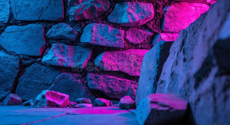 Abstract Stone Wall Texture with Neon Lighting, Rock Formation with ...