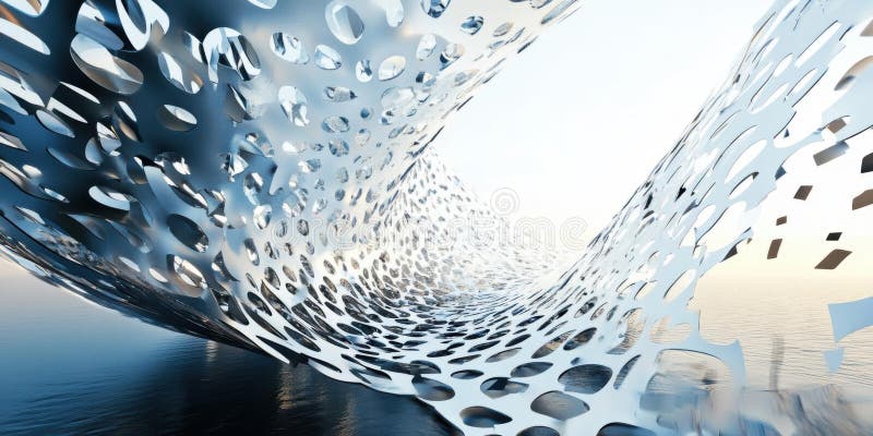 Abstract Structure Flows Over Water with Futuristic Architecture and ...