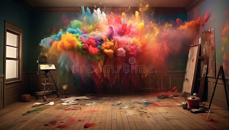Abstract Studio Painting Exploding Colors, Vibrant Chaos, Imaginative ...