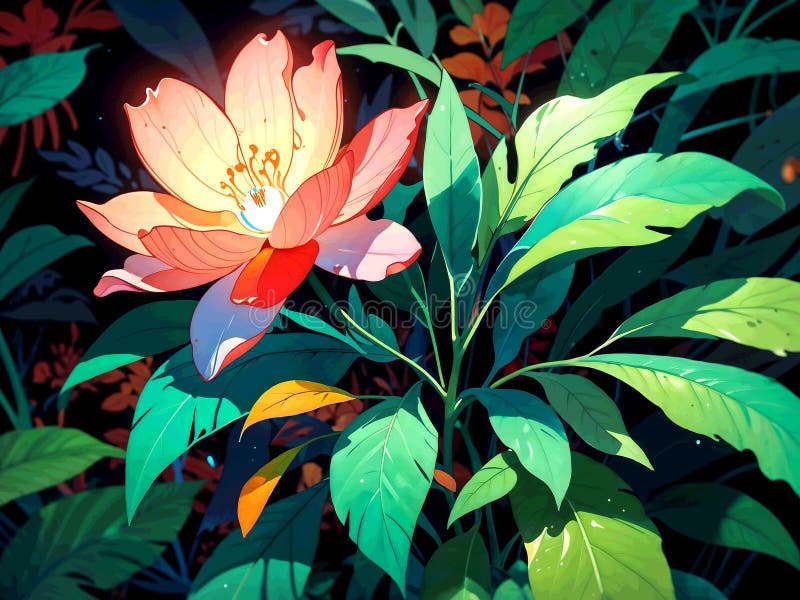 Abstract Stylized Digital Artwork of Flower with Broad Leaves and ...