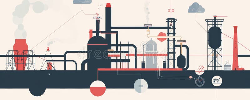 Stylized Industrial Landscape Depicting Refining Process in Red and ...
