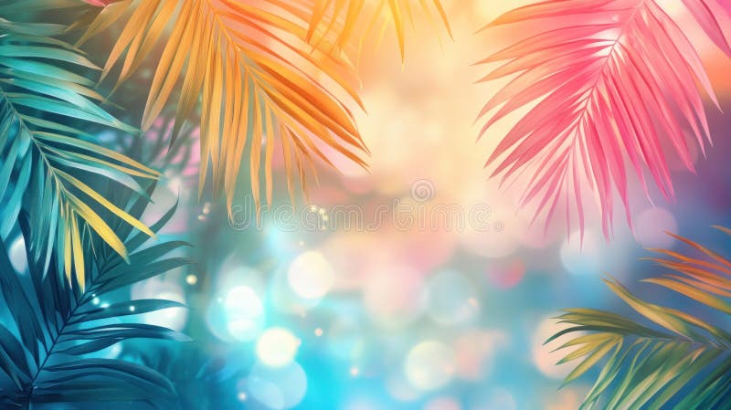 Abstract Summer Background with Colorful Palm Leaves and Bokeh Lights ...