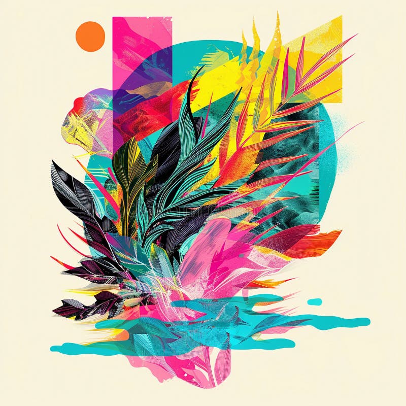 Abstract Summer Composition with Palm Leaves. Trendy Textured Colorful ...