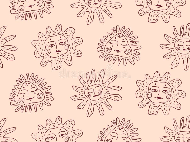 Abstract Sun Faces Pattern, Seamless Flat Vector Illustration Stock ...
