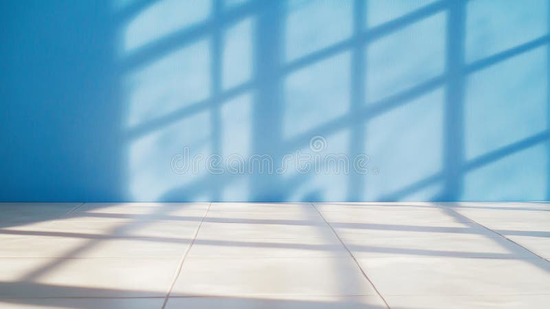 Abstract Sunlight Shadows on Blue Wall and White Tiled Floor Stock ...