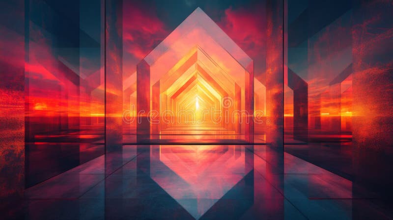 Abstract Sunset Corridor Glass Architecture Pathway Stock Illustration ...