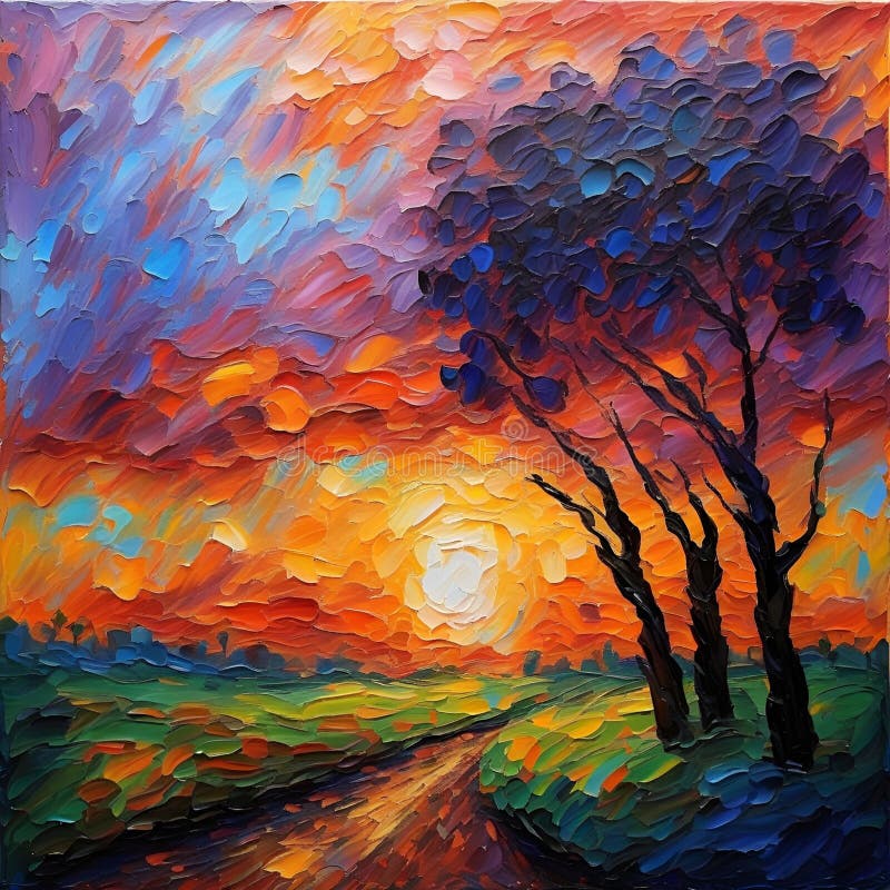 Abstract Sunset Landscape Painting Oils Stock Image - Image of sunlight ...