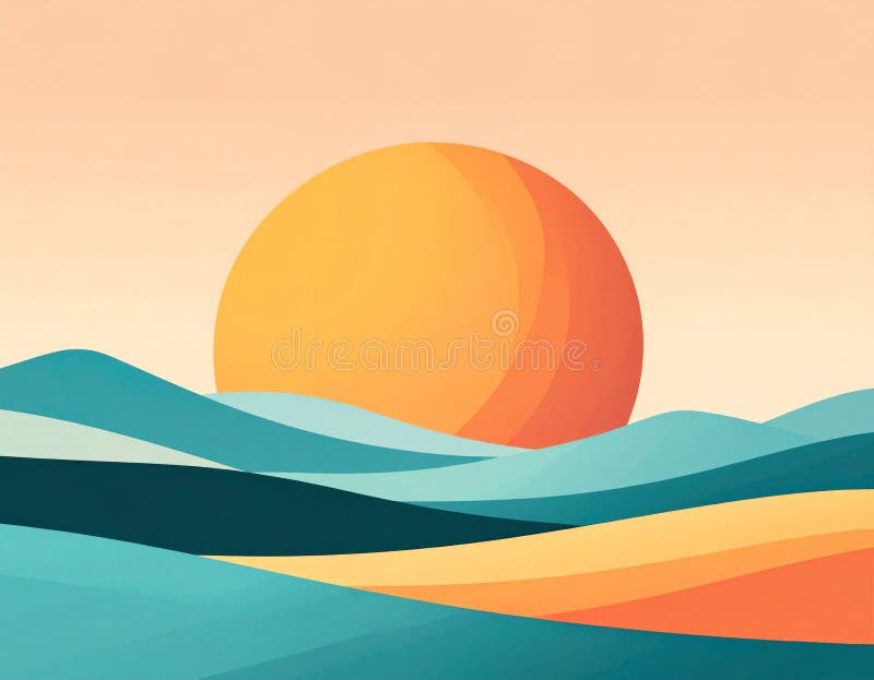 Abstract Sunset Landscape with Rolling Dunes and a Large Orange Sun ...