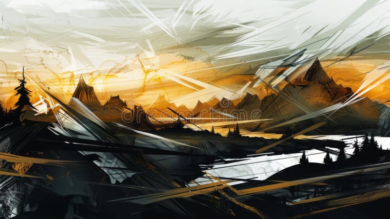 Abstract Sunset Landscape with Stylized Mountains and Dynamic Brush ...