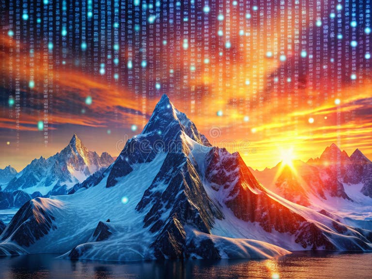 Abstract Sunset Mountainscape Low Poly Geometry Meets Binary Code Rain a Stunning Digital Art ...