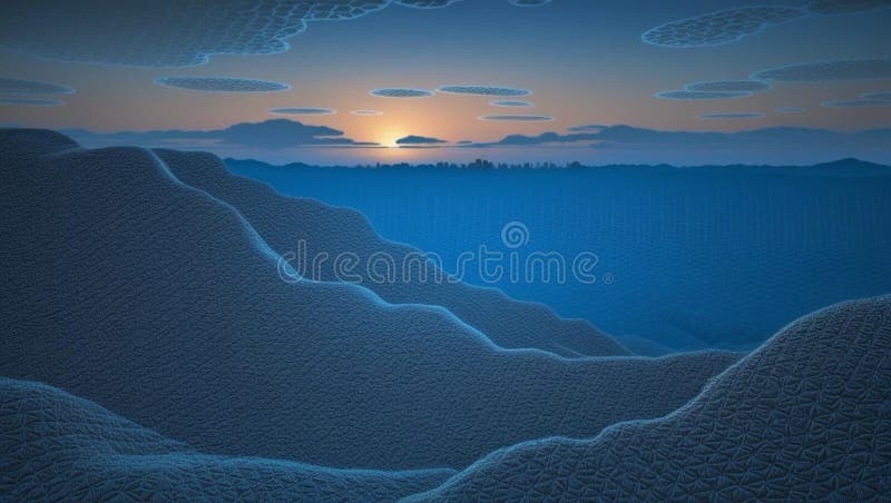 Abstract Sunset Over a Stylized Blue Landscape Stock Illustration ...