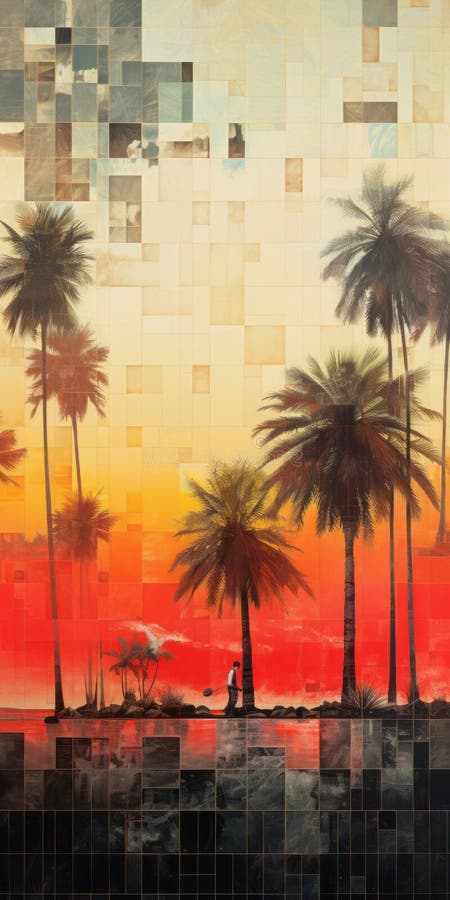 Abstract Sunset Painting with Water and Palm Trees Stock Illustration ...
