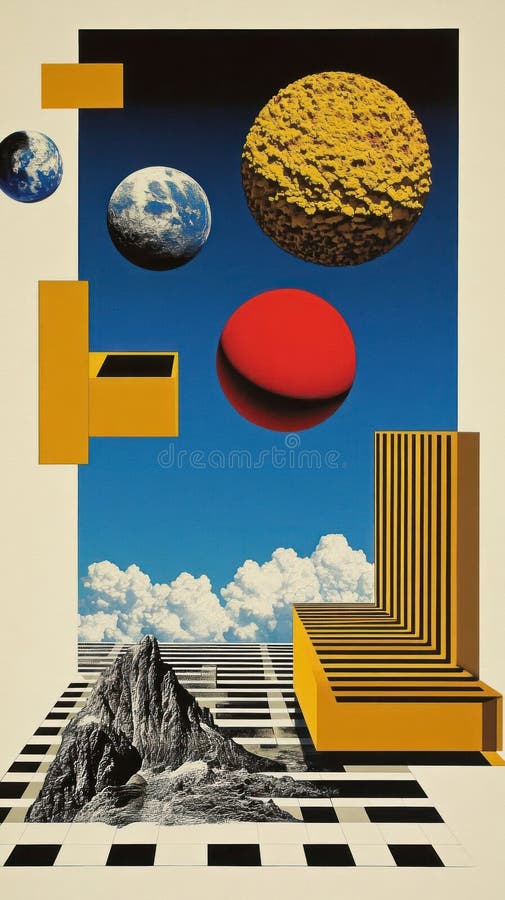 Abstract Surreal Composition Featuring Planets, Geometric Shapes, and a ...