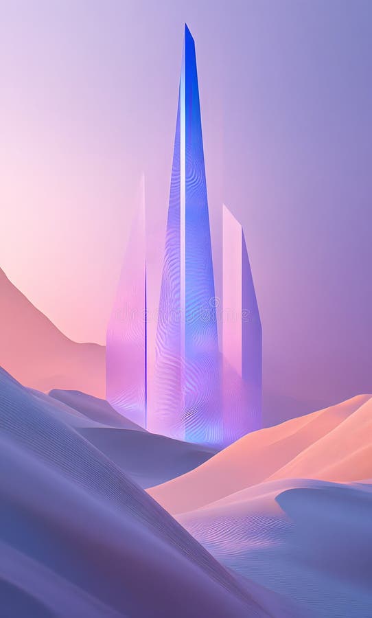 Abstract, Surreal Desert Scene with a Tall, Geometric Structure Made of ...