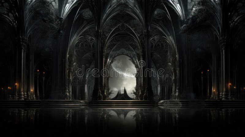 Abstract Surreal Interior of Black Gothic Castle with with Columns ...