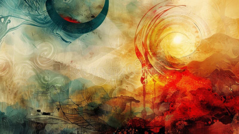 Abstract Surreal Landscape with Bold Colors and Swirling Patterns Stock ...