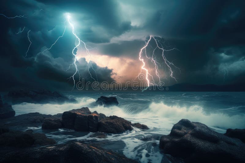 Abstract and Surreal Landscape with Crashing Waves, Storm Clouds, and ...