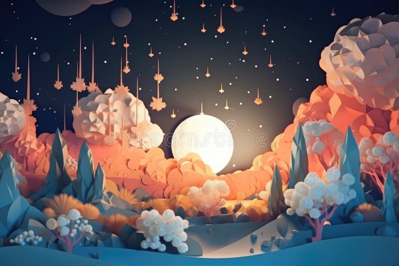 Abstract and Surreal Landscape with Floating Clouds, Shining Stars, and ...