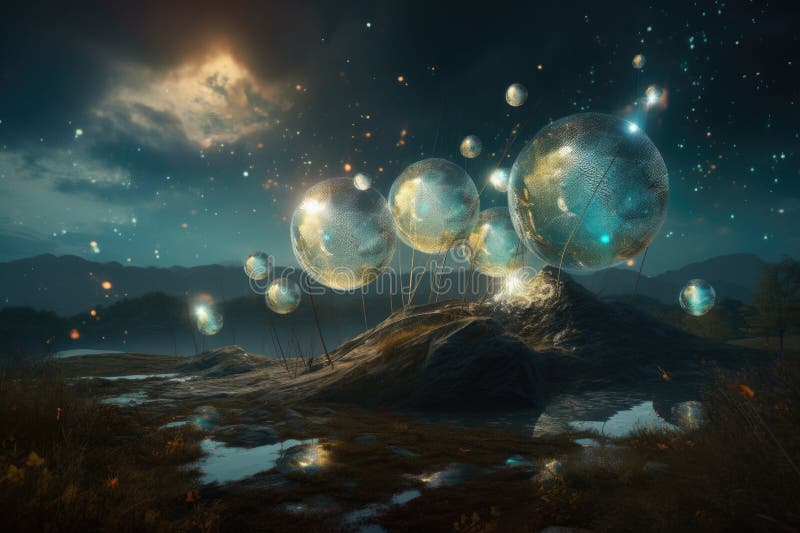 Abstract and Surreal Landscape with Floating Orbs of Light, Resembling ...