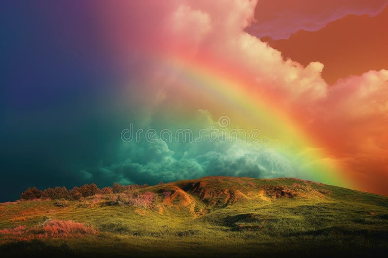 Abstract and Surreal Landscape with Rainbow-colored Sky and Storm ...