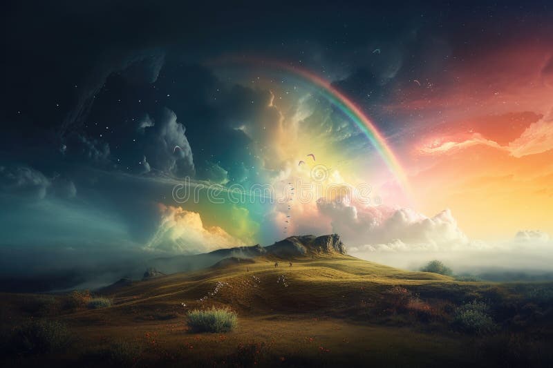 Abstract and Surreal Landscape with Rolling Clouds, Rainbows, and ...