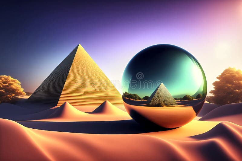 Abstract Surreal Minimalistic Desert Landscape with a Pyramid and a ...