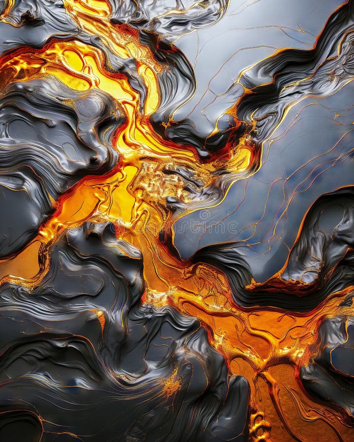 Abstract Surreal Rendering of a Glowing Lava Flow in a Black Basalt ...
