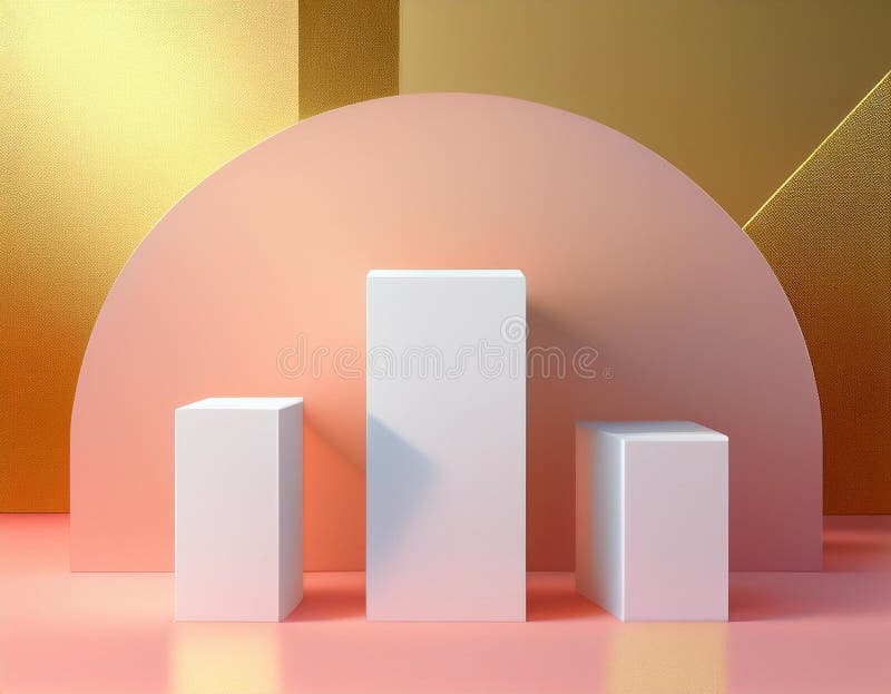 Abstract Surreal Scene: Empty Stage with Three Rectangle White Podiums ...