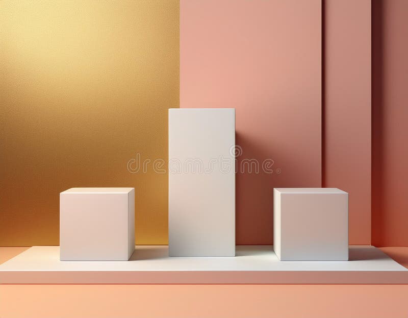 Abstract Surreal Scene: Empty Stage with Three Rectangle White Podiums ...