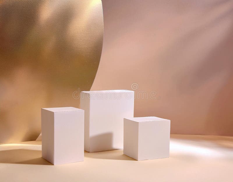Abstract Surreal Scene: Empty Stage with Three Rectangle White Podiums ...