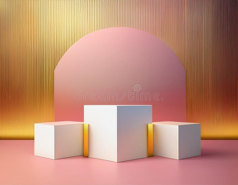 Abstract Surreal Scene: Empty Stage with Three Rectangle White Podiums ...