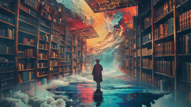 Abstract Surrealism with a Graduate in a Surreal Library Stock Photo ...