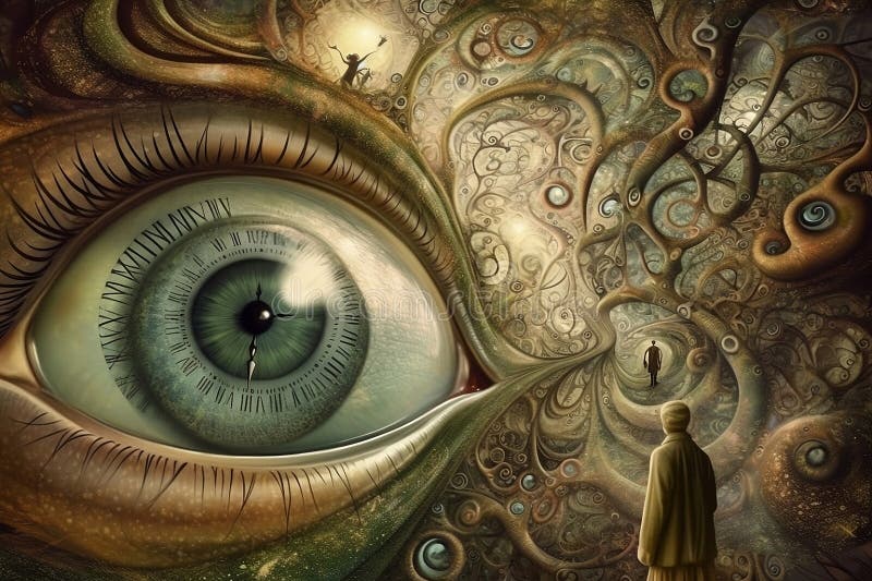 Abstract Surrealistic Clock and Giant Eyes Stock Illustration ...