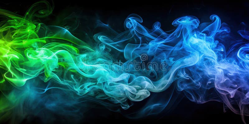Abstract Swirling Blue and Green Smoke Design on Black Background ...