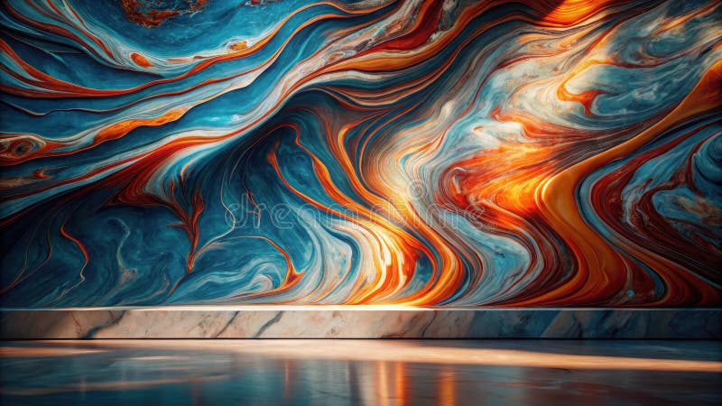 Abstract Swirling Color Wall with Marble Platform and Floor. Generative ...