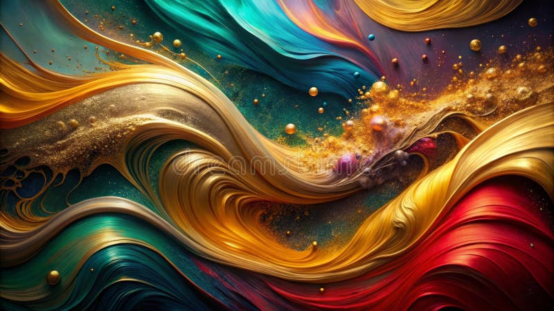 Abstract Swirling Gold, Teal, and Red Paint with Glittering Particles ...