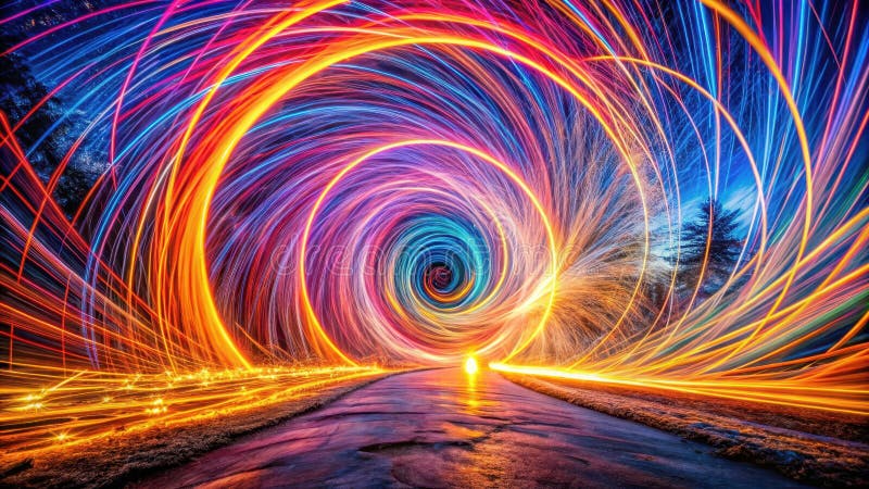 Abstract Swirling Light Trails Form a Vibrant Tunnel on a Dark Path ...