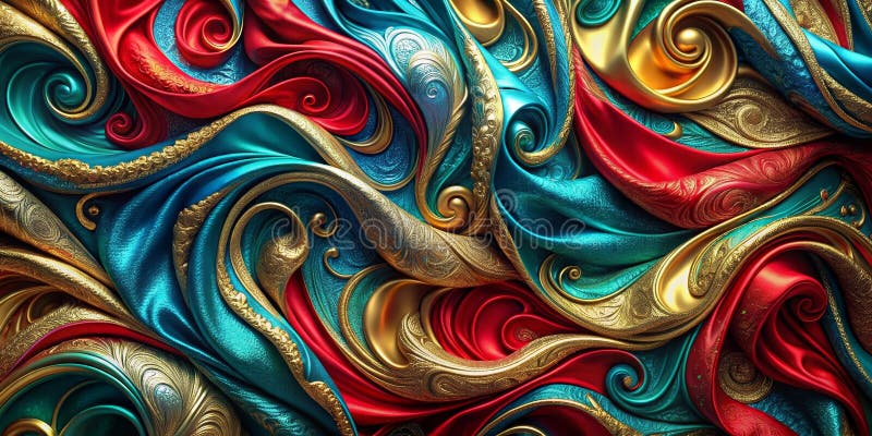 Abstract Swirling Luxurious Teal, Red, and Gold Fabric Design ...