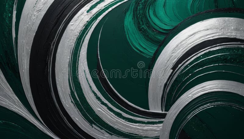 Abstract Swirls of Emerald Green, Silver, and Black Paint Create a ...